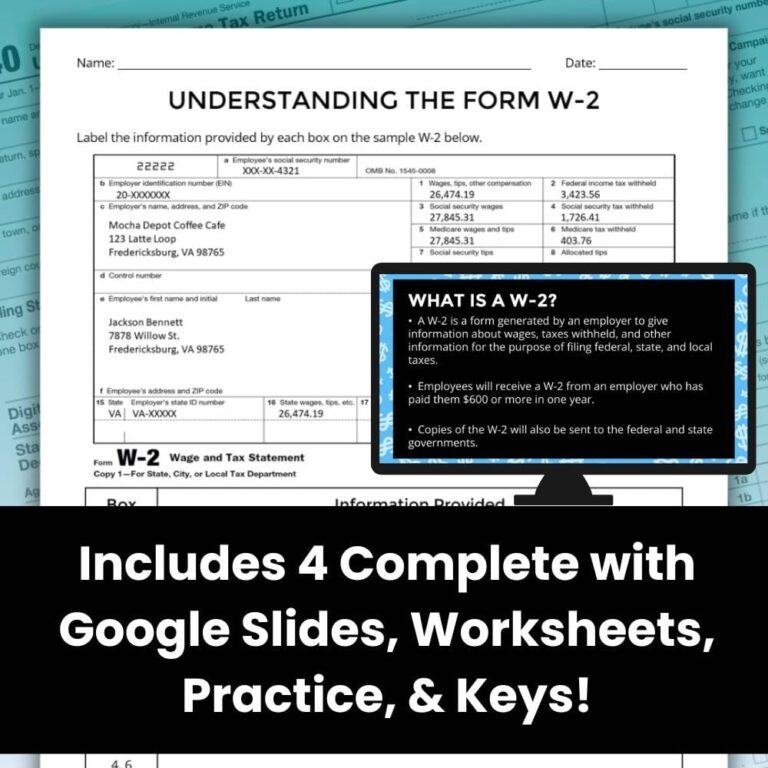 Filing Federal Income Tax Financial Literacy Unit - Using W-2s and Form ...