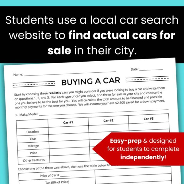 Buying a Car Personal Finance Activity - Loan Payments, Interest, Tax ...