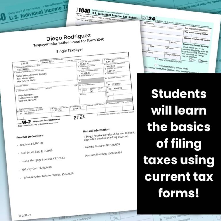 Filing Federal Income Tax Financial Literacy Unit - Using W-2s and Form ...