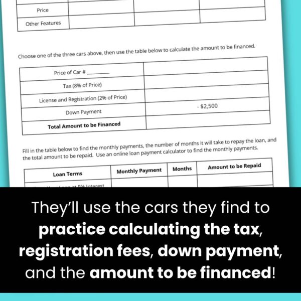 Buying a Car Personal Finance Activity - Loan Payments, Interest, Tax ...