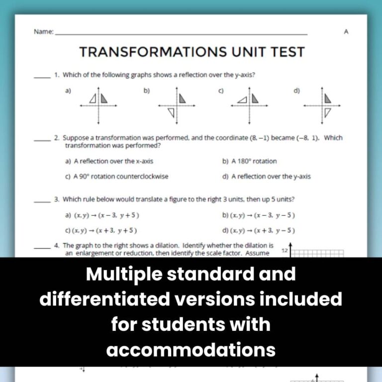 Transformations EDITABLE Quiz and Unit Test - Differentiated Versions ...