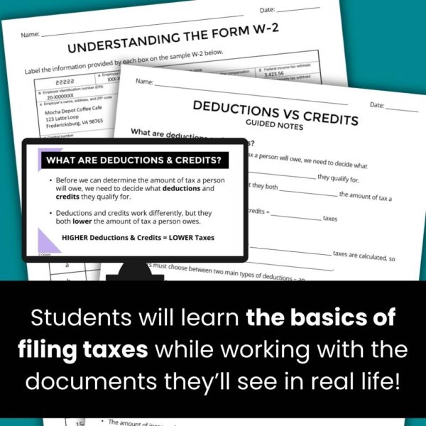 Filing Federal Income Tax Financial Literacy Unit - Using W-2s and Form ...