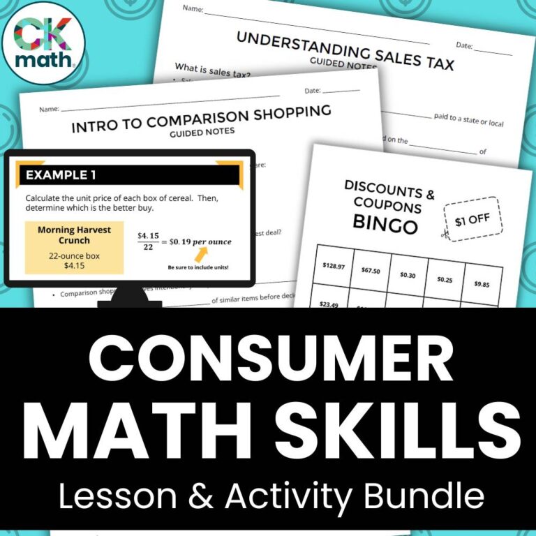 Consumer Math Lessons & Activities - Percents, Tax, Tip, Discount, Unit ...
