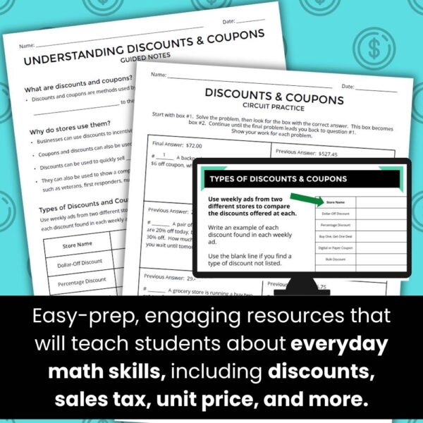 Consumer Math Lessons & Activities - Percents, Tax, Tip, Discount, Unit ...