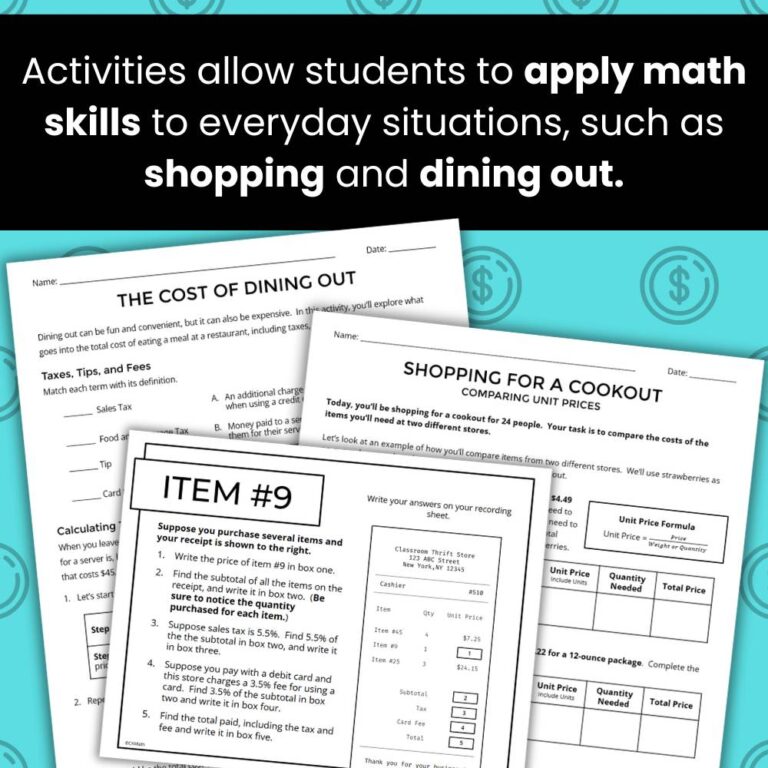 Consumer Math Lessons & Activities - Percents, Tax, Tip, Discount, Unit ...